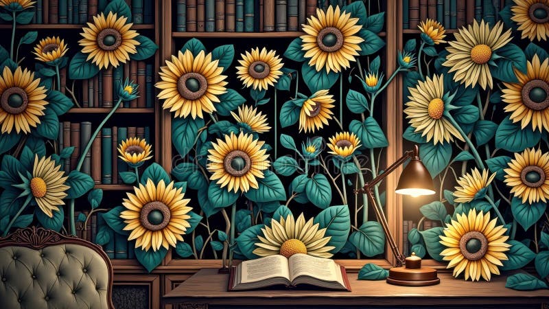 Sunflower-adorned Library Wall with Open Book and Warm Lamp Light Stock ...
