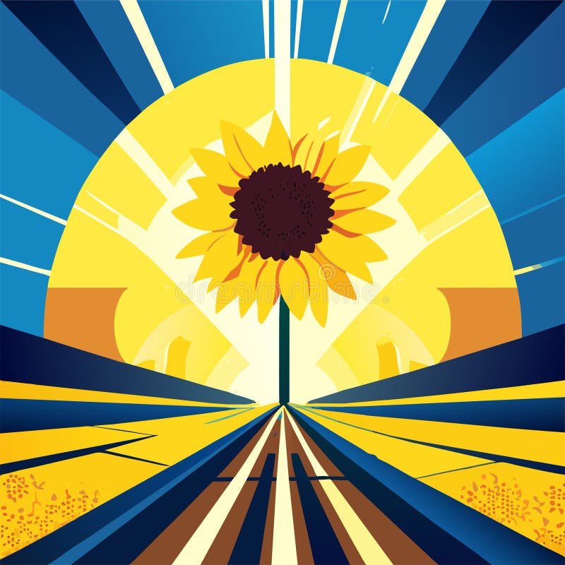 Sunflower on the Road at Sunset. Vector Illustration in Flat Style ...