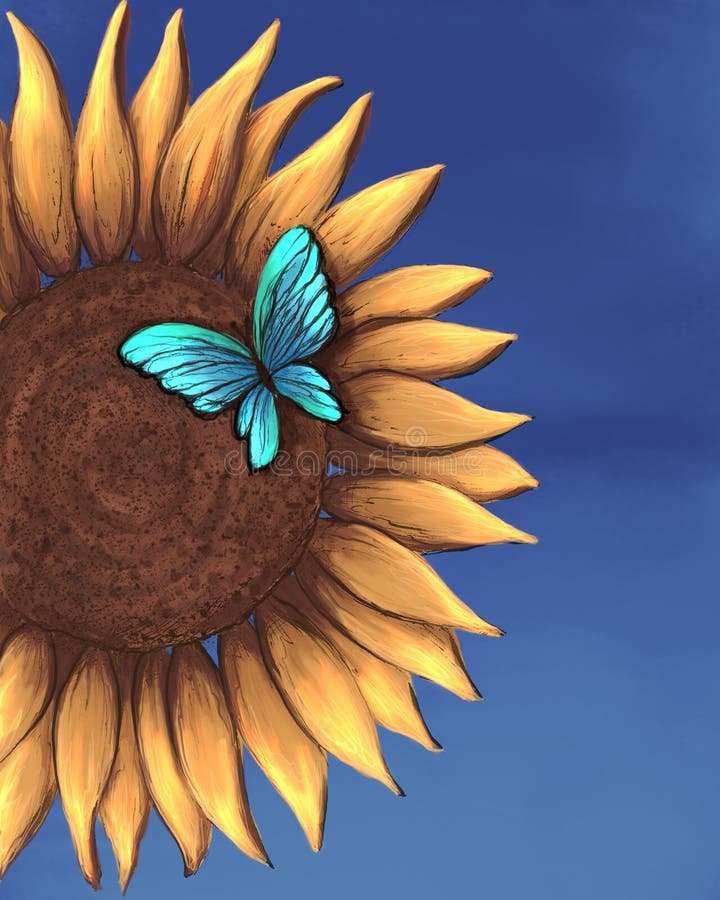 Sunflower and the Blue Butterfly Stock Illustration - Illustration of ...