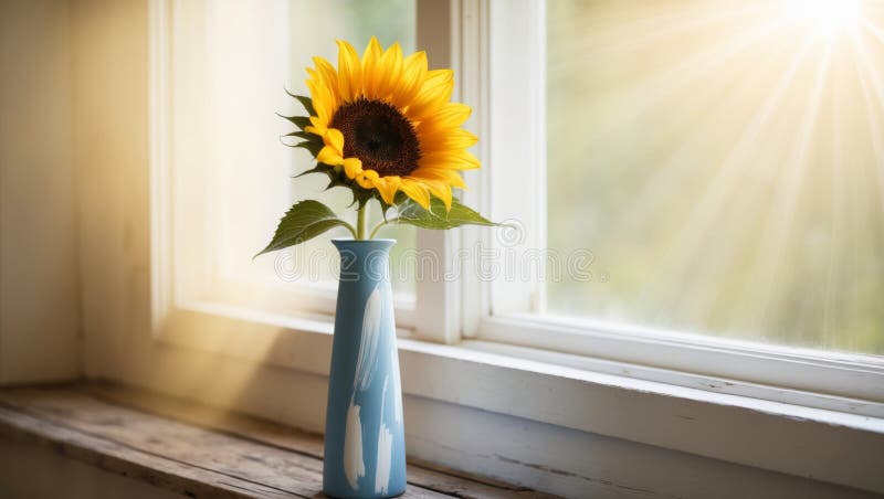 Sunflower in Blue Vase on Window Sill with Sunlight Streaming from ...