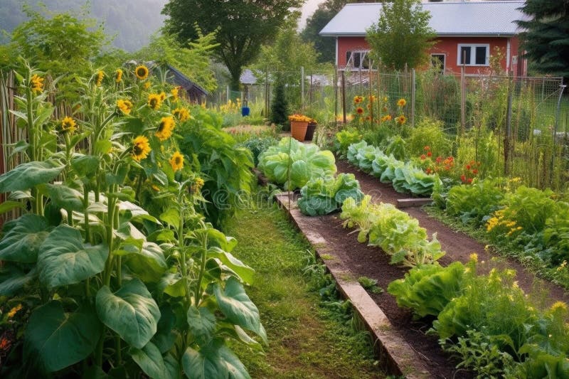 Sunflower Border Around a Thriving Vegetable Garden Stock Photo - Image ...