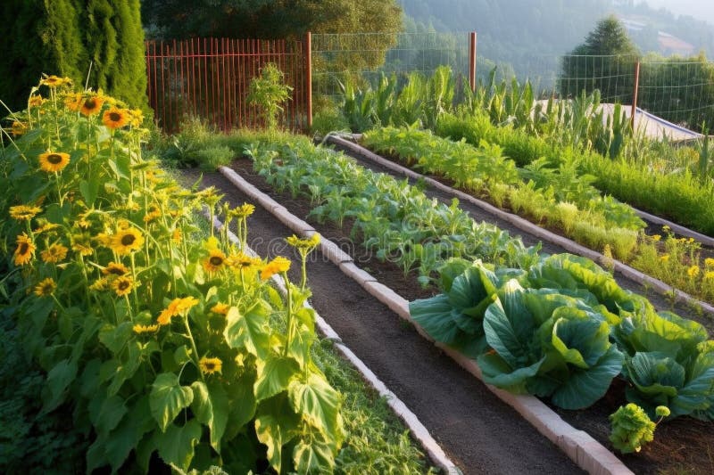 Sunflower Border Around a Thriving Vegetable Garden Stock Illustration ...