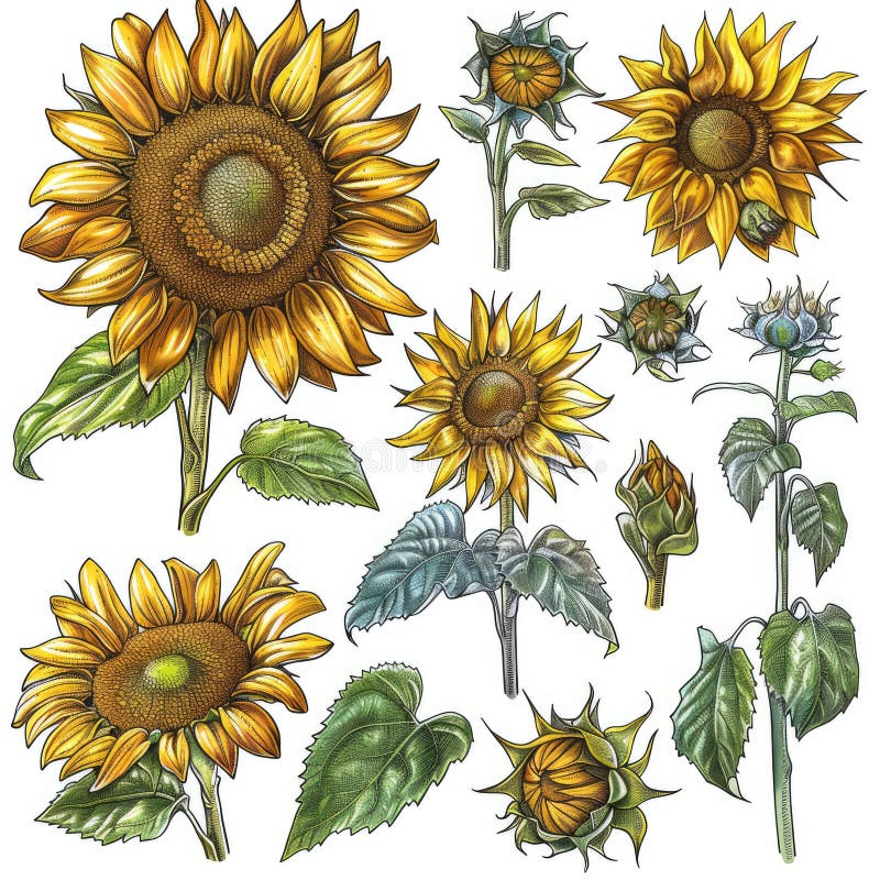 Sunflower Botanical Vector Set. Hand-Drawn Floral Elements Isolated on ...