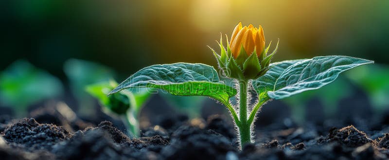 Sunflower Bud Emerging in Garden Soil Stock Photo - Image of crops ...