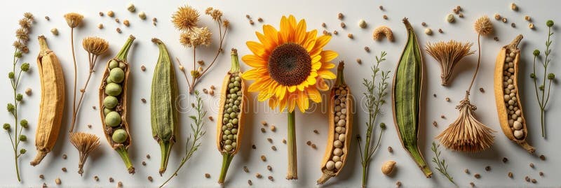 Sunflower Centerpiece with Dried Botanicals and Seed Pods on White ...