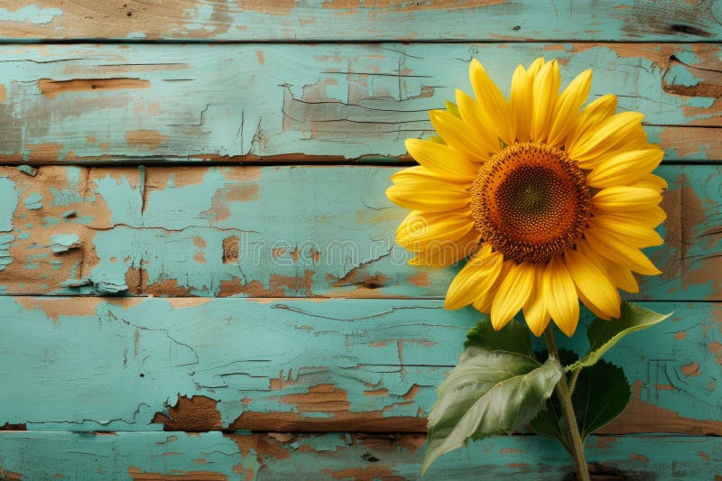 Sunflower on Distressed Turquoise Wooden Planks. a Bright Sunflower ...