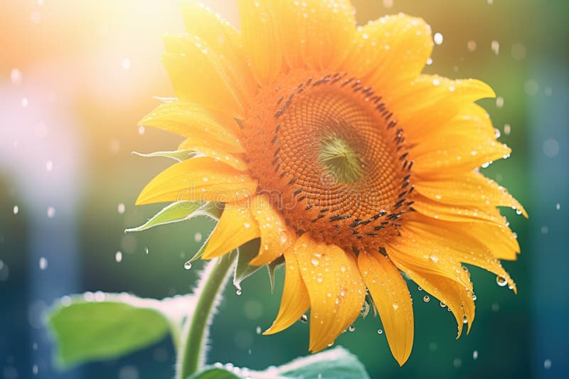 Sunflower with Drops of Dew on the Petals and Leaves at Sunrise Stock Photo - Image of freshness ...