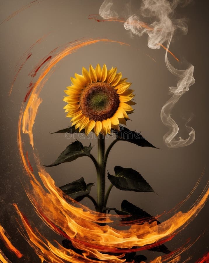 Sunflower Engulfed in Golden Flames during a Dramatic Artistic Display ...