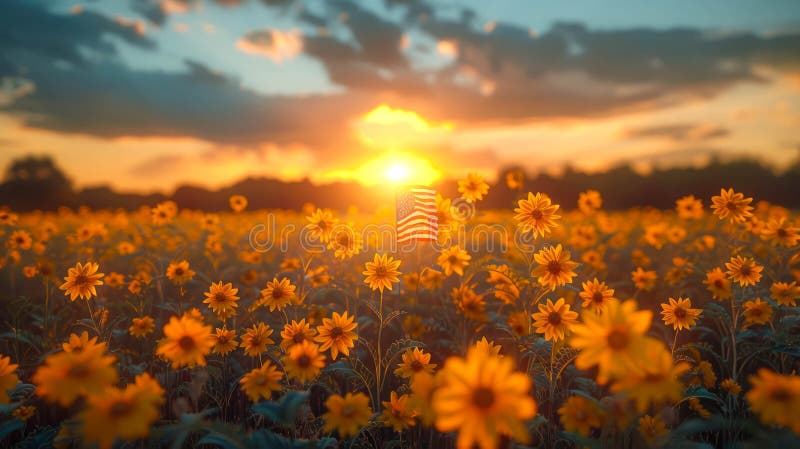 Sunflower Field with American Flag at Sunset. Selective Focus Stock ...