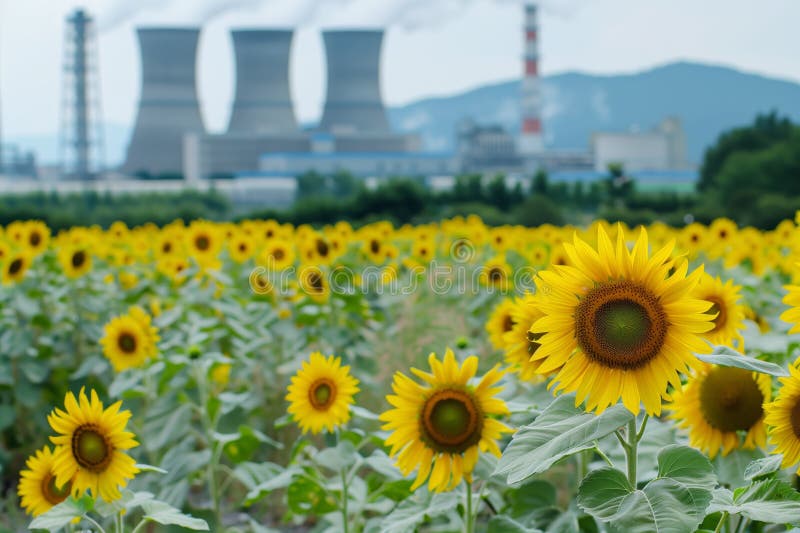 Sunflower Field in Bloom, Cooling Towers of Factory in Backdrop Stock ...