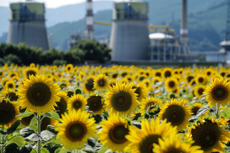 Sunflower Field in Bloom, Cooling Towers of Factory in Backdrop Stock ...