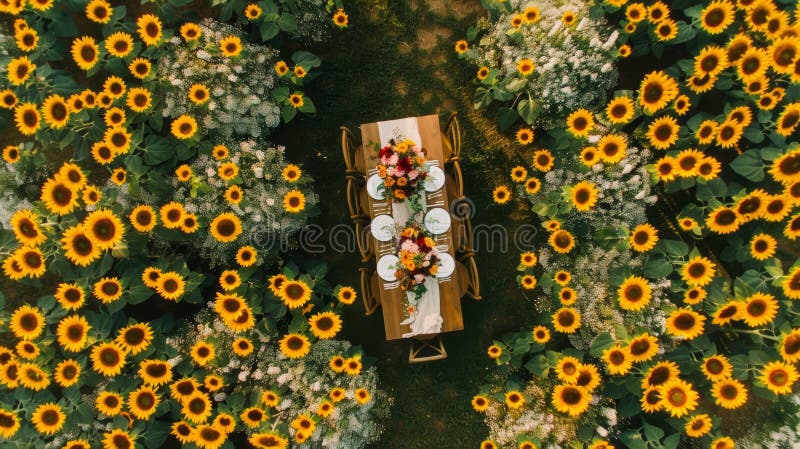 Sunflower Field Dining Experience: Rustic Outdoor Banquet Table Stock ...