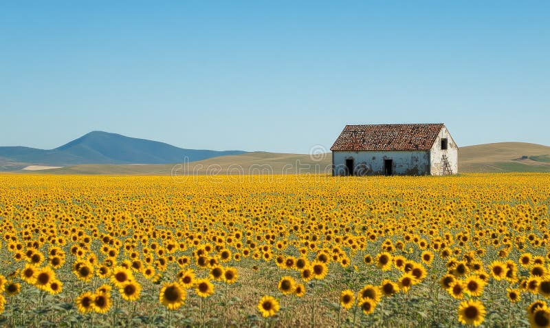 Sunflower Field with Distant Farmhouse Stock Photo - Image of blue ...