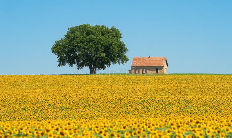 Sunflower Field with Distant Farmhouse Stock Image - Image of rural ...