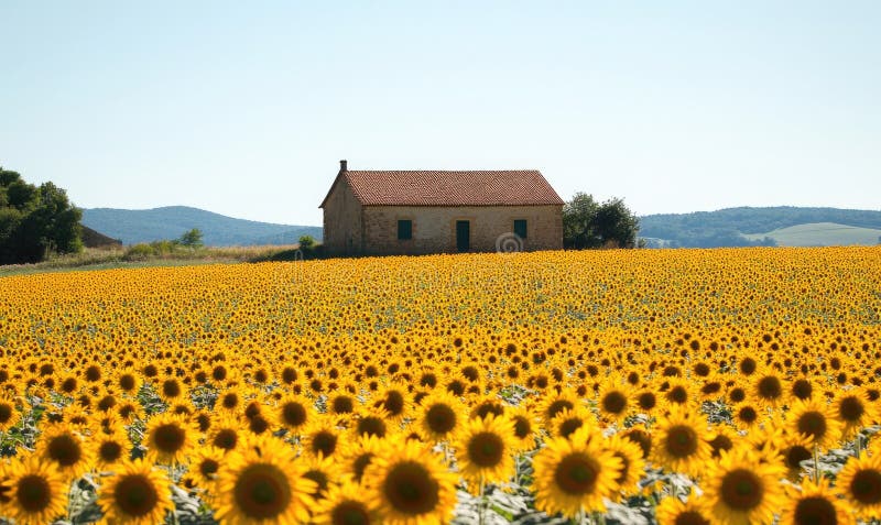 Sunflower Field with Distant Farmhouse Stock Photo - Image of blossom ...