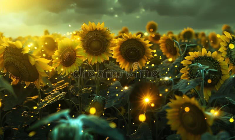 Sunflower Field with Glowing Lights Stock Illustration - Illustration ...