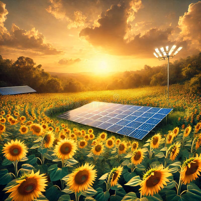 Sunflower Field with Solar Panel Generative for AI Stock Illustration ...