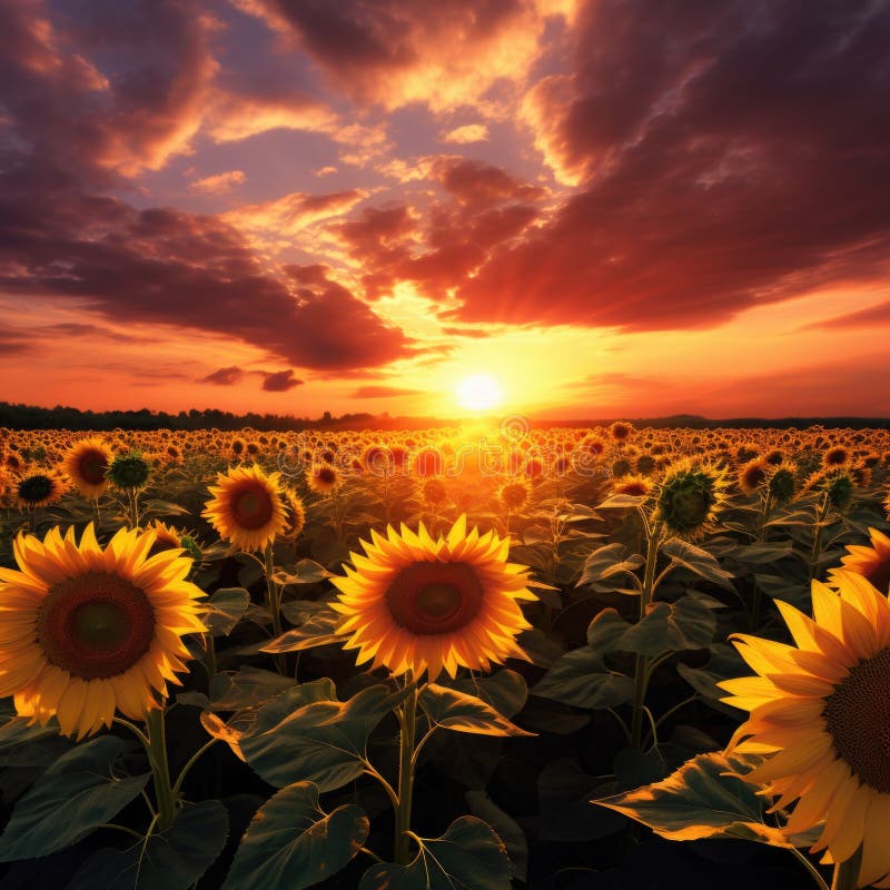 Sunflower field at sunset stock illustration. Illustration of summer ...
