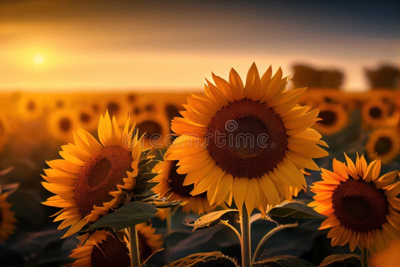 Sunflower Field at Sunset. Generative AI Stock Illustration ...