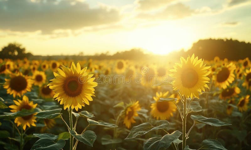 Sunflower Field at Sunset, Golden Light Stock Image - Image of sunlight ...