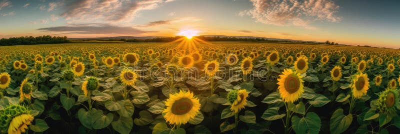 Sunflower Field at Sunset. Panoramic View of Sunflower Field at Sunset ...