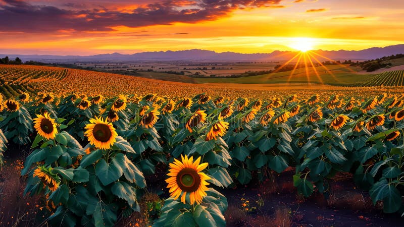 Sunflower Fields at Sunset Showcasing Vibrant Colors in a Tranquil ...