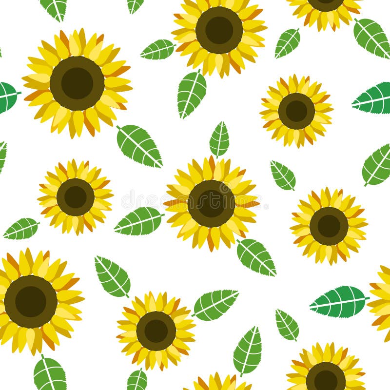 Sunflower Flat Design Floral Vector Illustration, and Leaves, Seamless ...