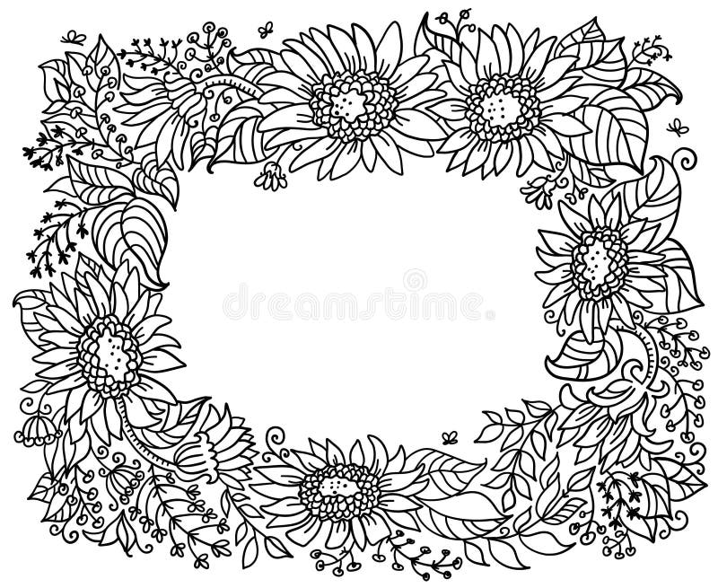 Sunflower Frame Decor Elements. Vector Line Drawing of Sunflowers Frame ...