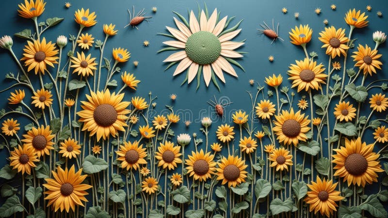 Sunflower Garden with Bugs in Artistic Floral Arrangement on Teal ...