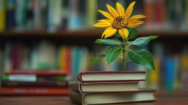 Sunflower Growing from Books in Library Stock Illustration ...