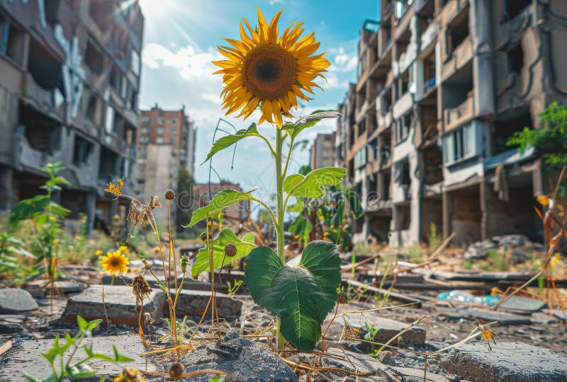 Sunflower Grows in the Ruins of the Destroyed City Stock Image - Image ...