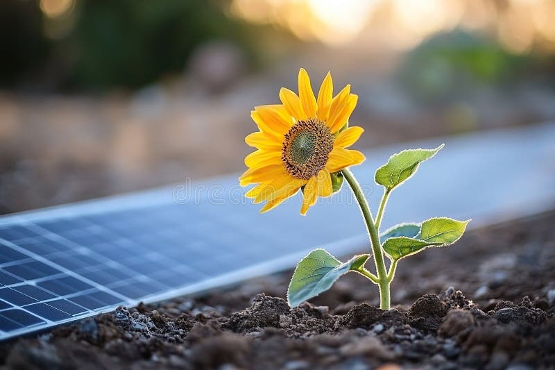 Sunflower Grows in a Solar Panel Field. Nature and Technology Stock ...