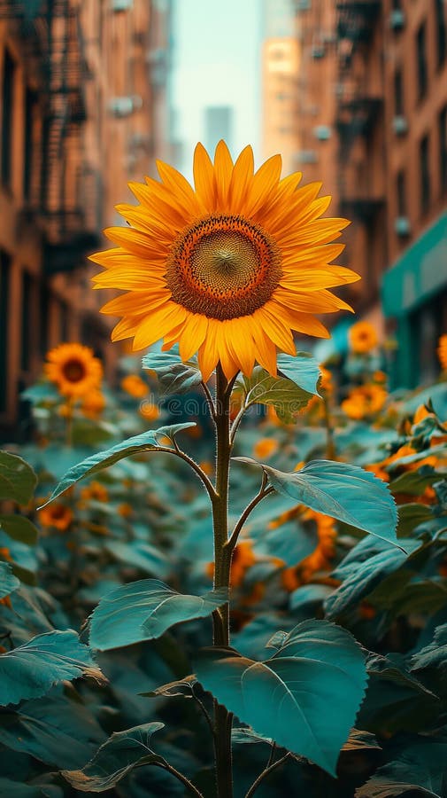 A Sunflower in the Middle of a Field of Sunflowers in Front of a City ...