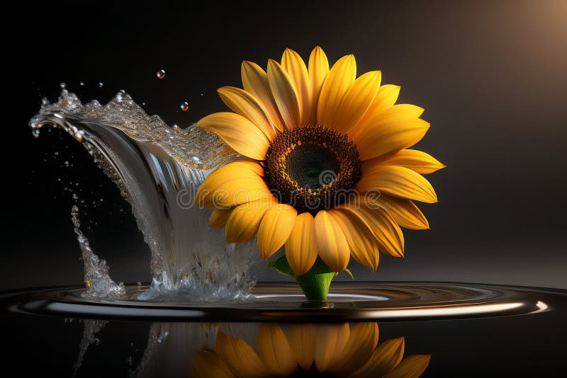 Sunflower Over Water with Splash of Water Around it, in a Black and ...