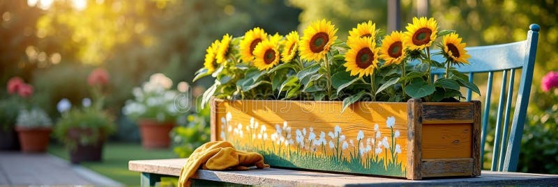 Sunflower Planter Box on Rustic Table in Vibrant Garden Setting Stock ...