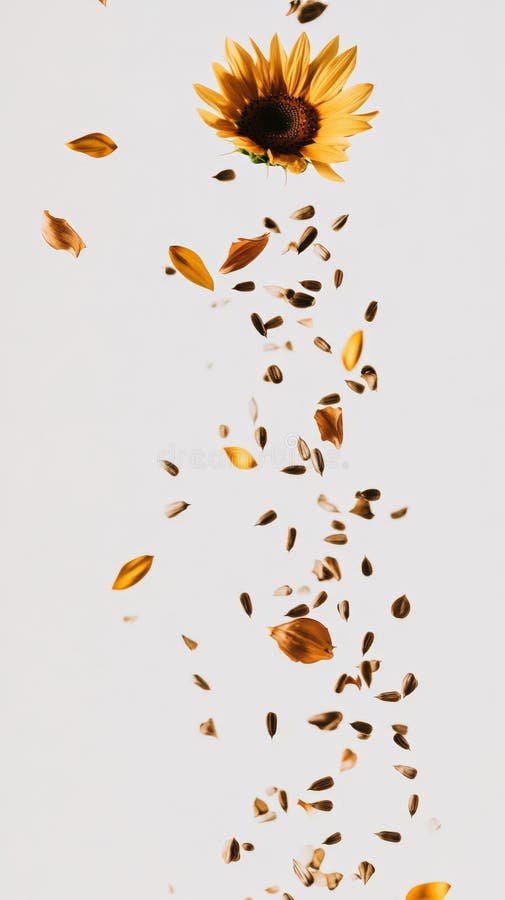 Sunflower Seeds and Petals Falling on White Background Stock Image ...