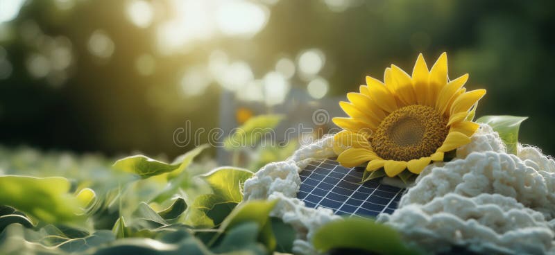 Sunflower on Solar Panel Surrounded by Greenery in Natural Light Stock ...