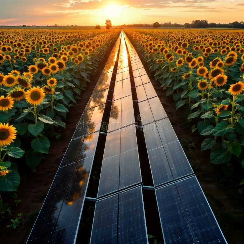 Reflective Solar Panels Create Pathway through Sunflower Field ...