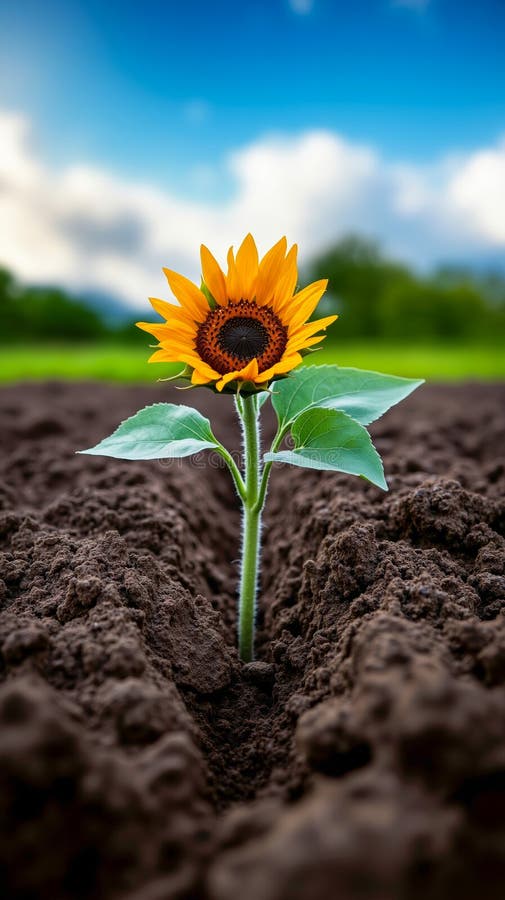 A Single Sunflower Growing Out of the Ground in a Field Stock Image ...
