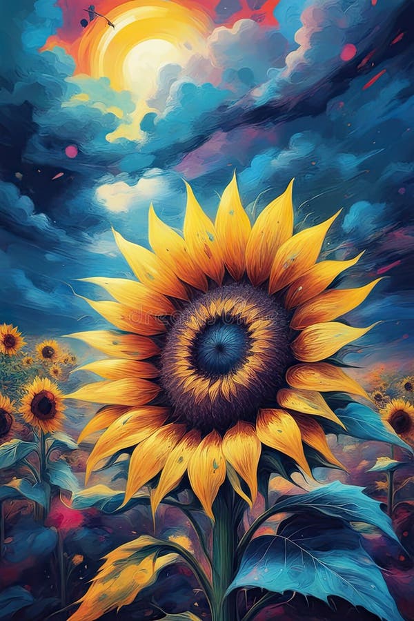 Sunflower in a Stormy Day Psychedelic Art Bright Colors Bold Stock Illustration - Illustration ...
