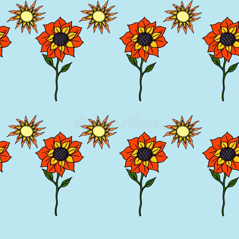 Sunflower and Sunshine Pattern on a Blue Backgroun Stock Illustration ...