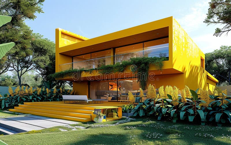 Sunflower Yellow Modern House Design -Generative Ai Stock Image - Image ...