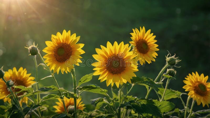 Sunflowers Bask in the Golden Light Stock Illustration - Illustration ...