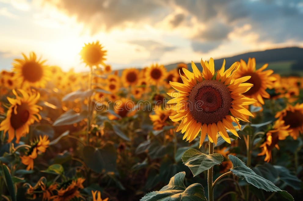 Sunflowers Bloom Brightly Against a Sunset Backdrop Stock Photo - Image ...