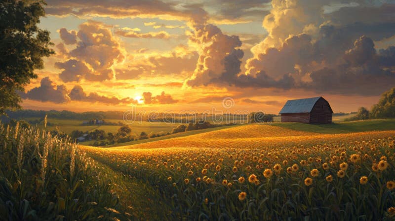 Sunflowers Field at Sunset with Red Barn Stock Illustration ...