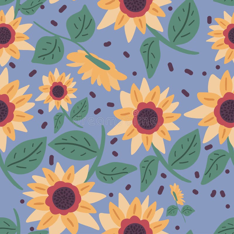 Sunflowers Flat Design Blue Background Seamless Pattern Stock Vector - Illustration of ...