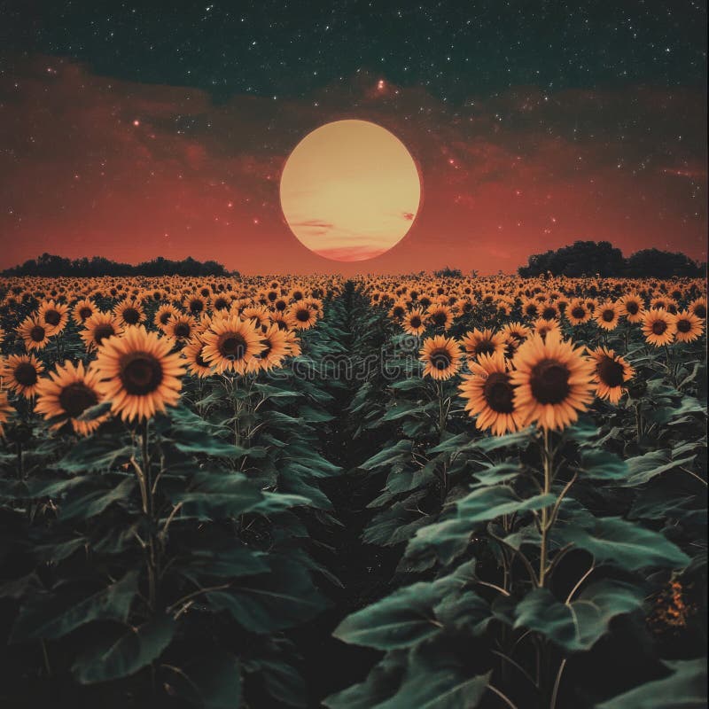 Sunflowers Illuminated by the Full Moon in a Field Stock Photo - Image ...