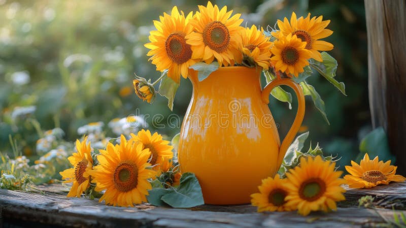 Sunflowers in Orange Jug Rustic Summer Still Life Stock Illustration ...
