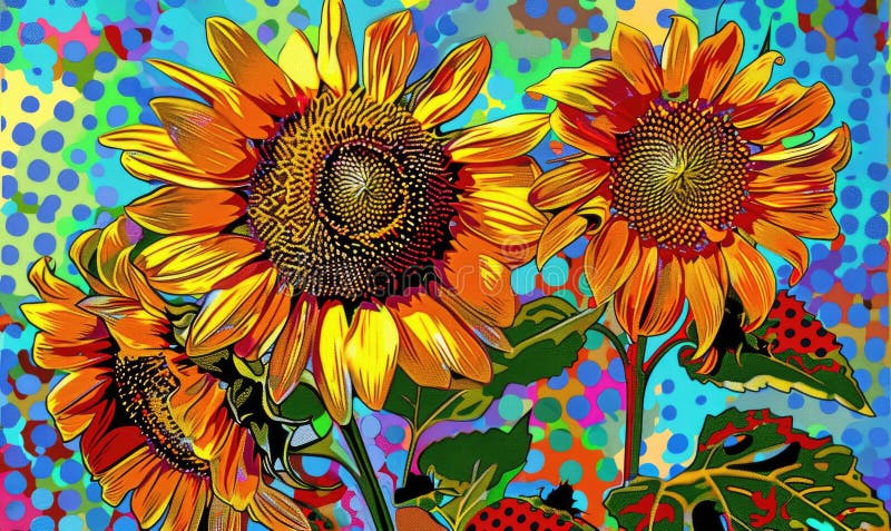 Sunflowers in Pop Art Style, Bright Colors, Dotted Patterns, High ...