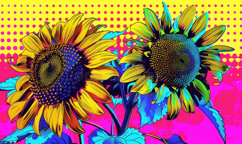 Sunflowers in Pop Art Style, Bright Colors, Dotted Patterns, High ...